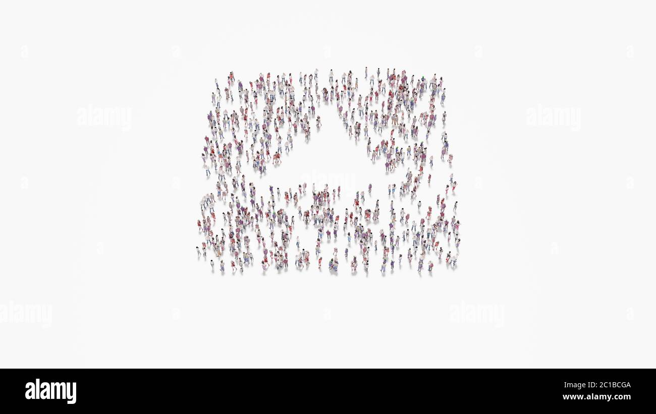 3d rendering of crowd of different people in shape of symbol of caret ...