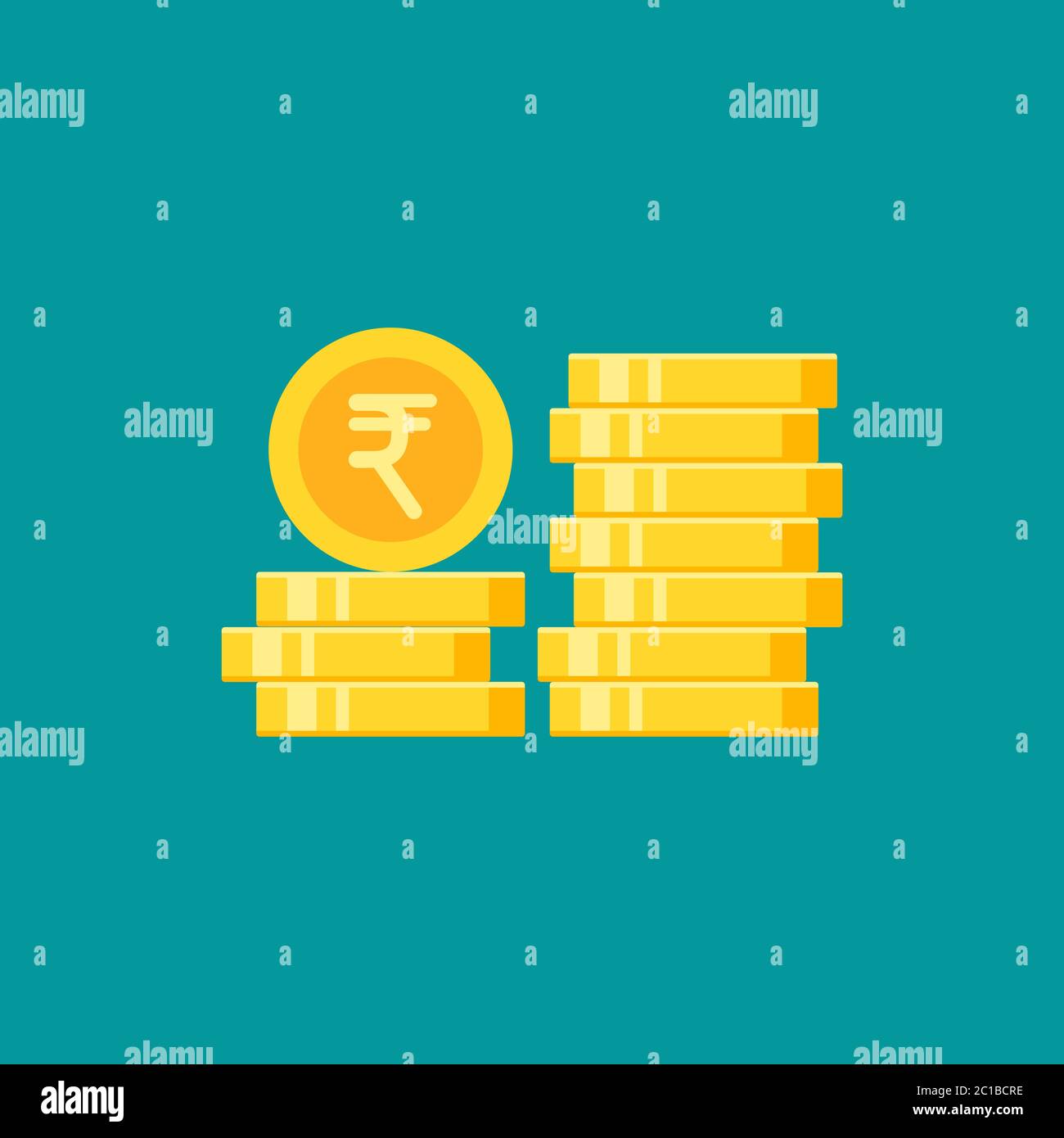 Stack of golden rupee coins. Flat gold icon. Isolated on blue. Economy ...