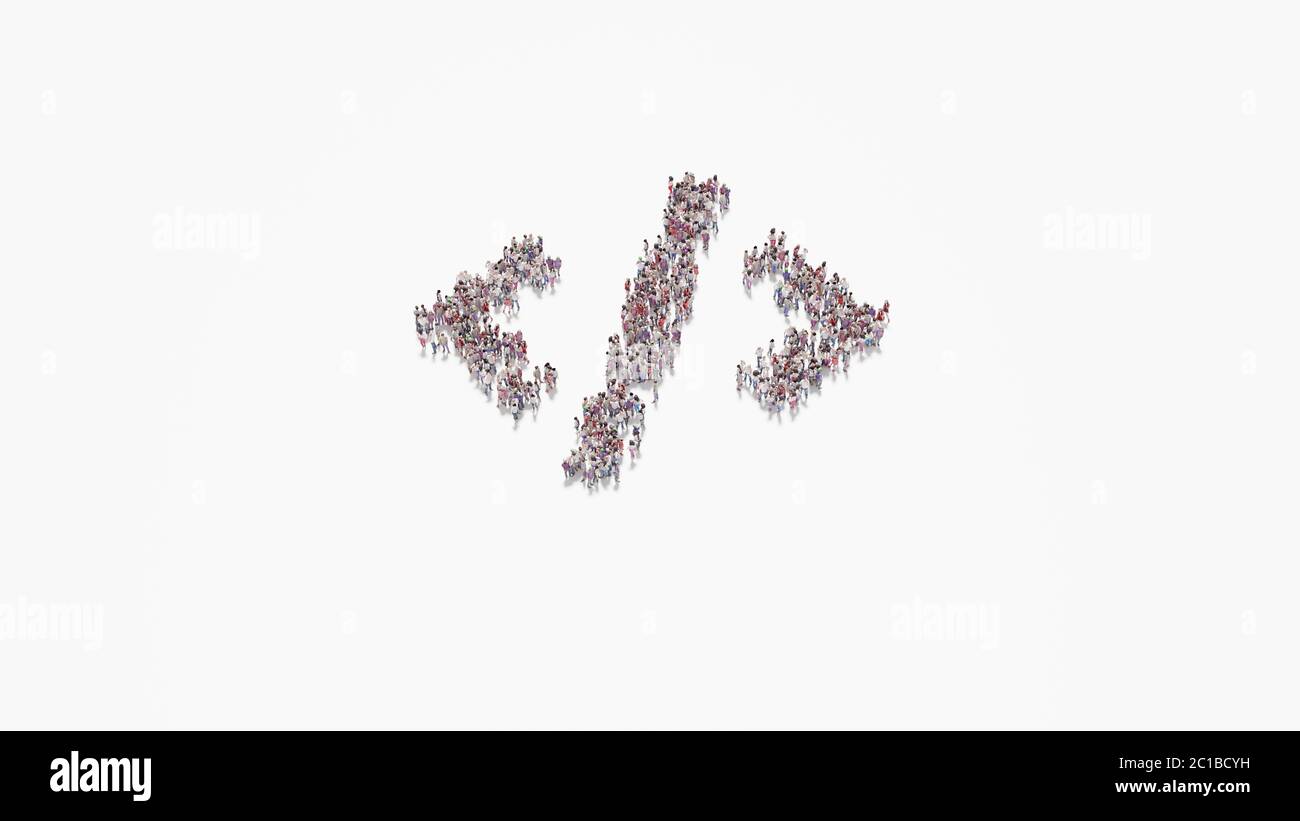 3d rendering of crowd of different people in shape of symbol of code ...