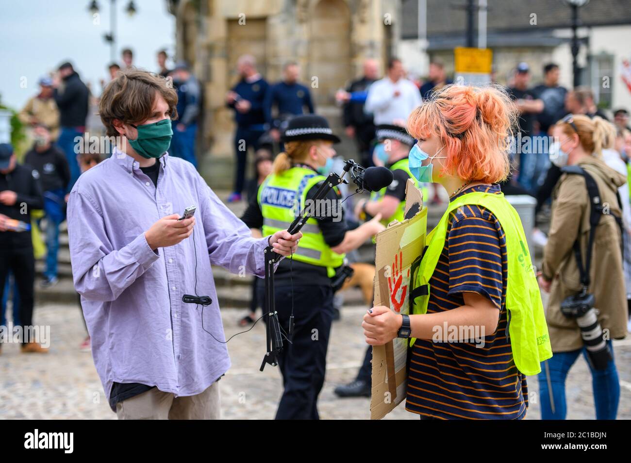Richmond, North Yorkshire, UK - June 14, 2020: A man wears a PPE Face ...