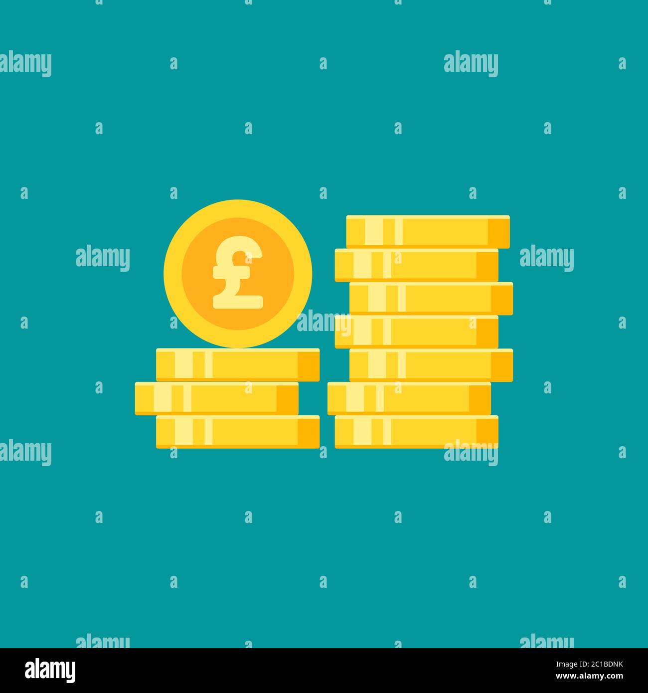 Stack of golden pound sterling coins. Flat gold icon. Isolated on blue ...