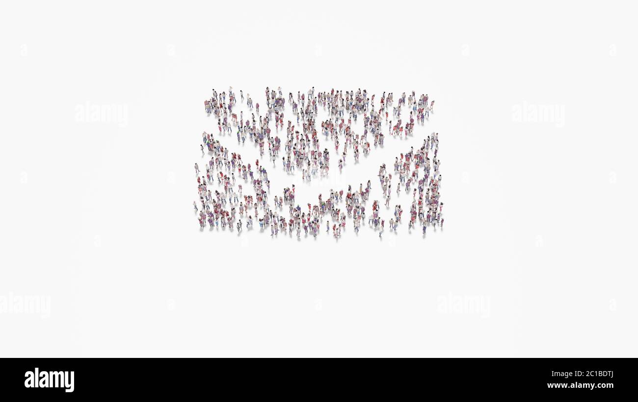 3d rendering of crowd of different people in shape of symbol of post ...