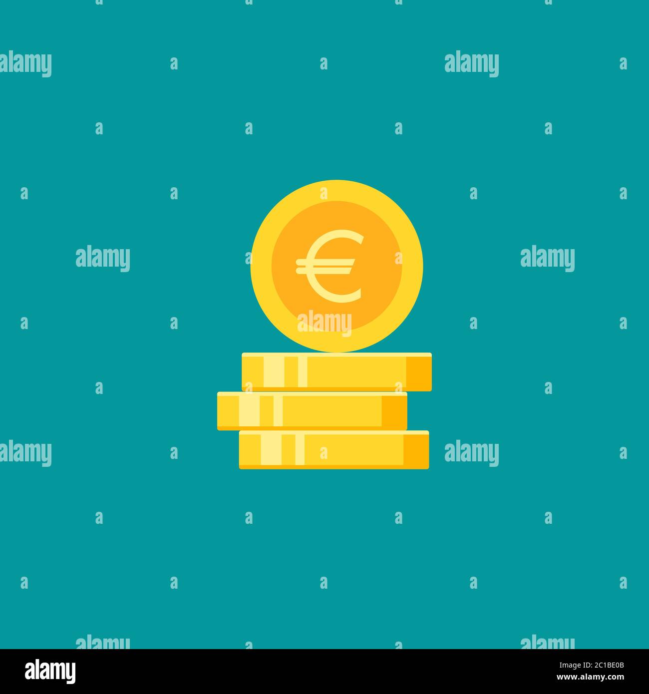 Stack of golden euro coins. Flat gold icon. Isolated on blue. Economy ...