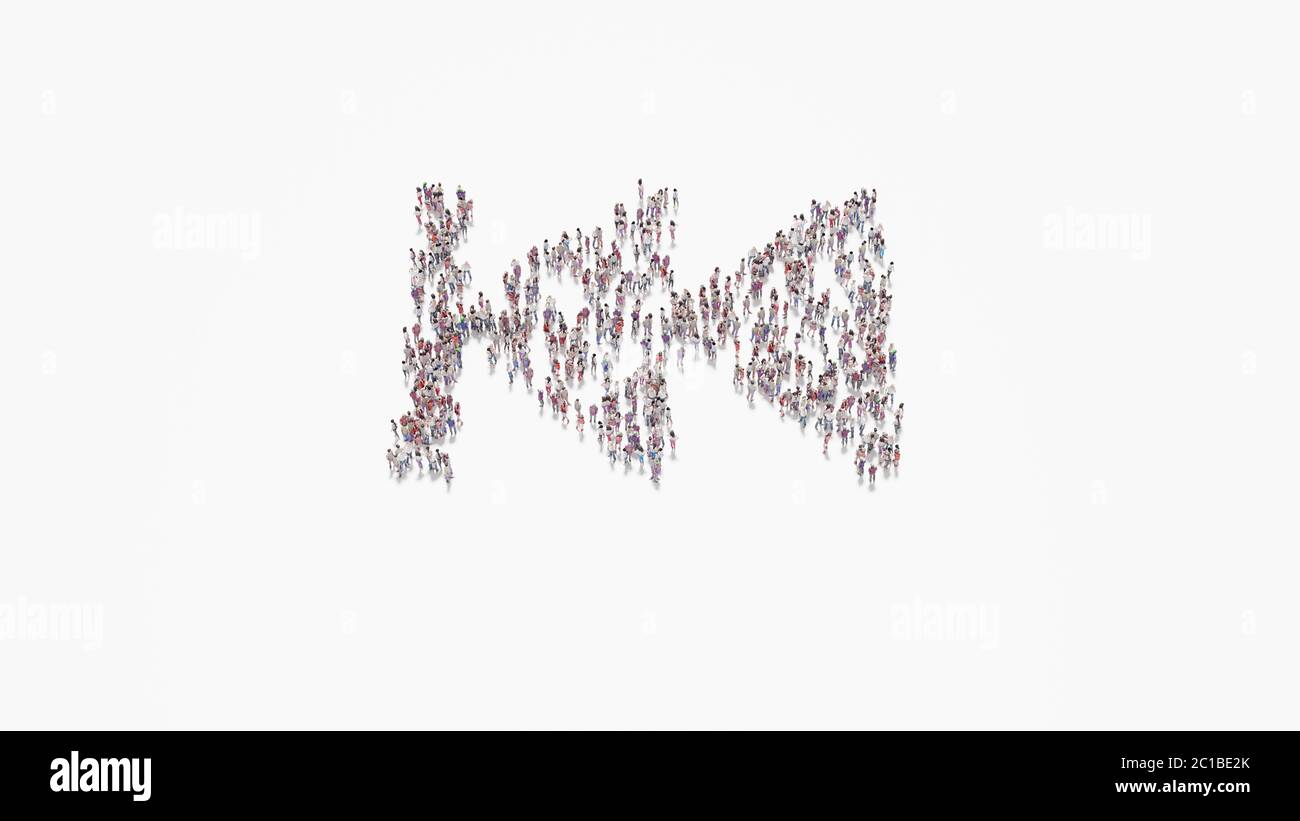 3d Rendering Of Crowd Of Different People In Shape Of Symbol Of Fast Backward Symbol On White