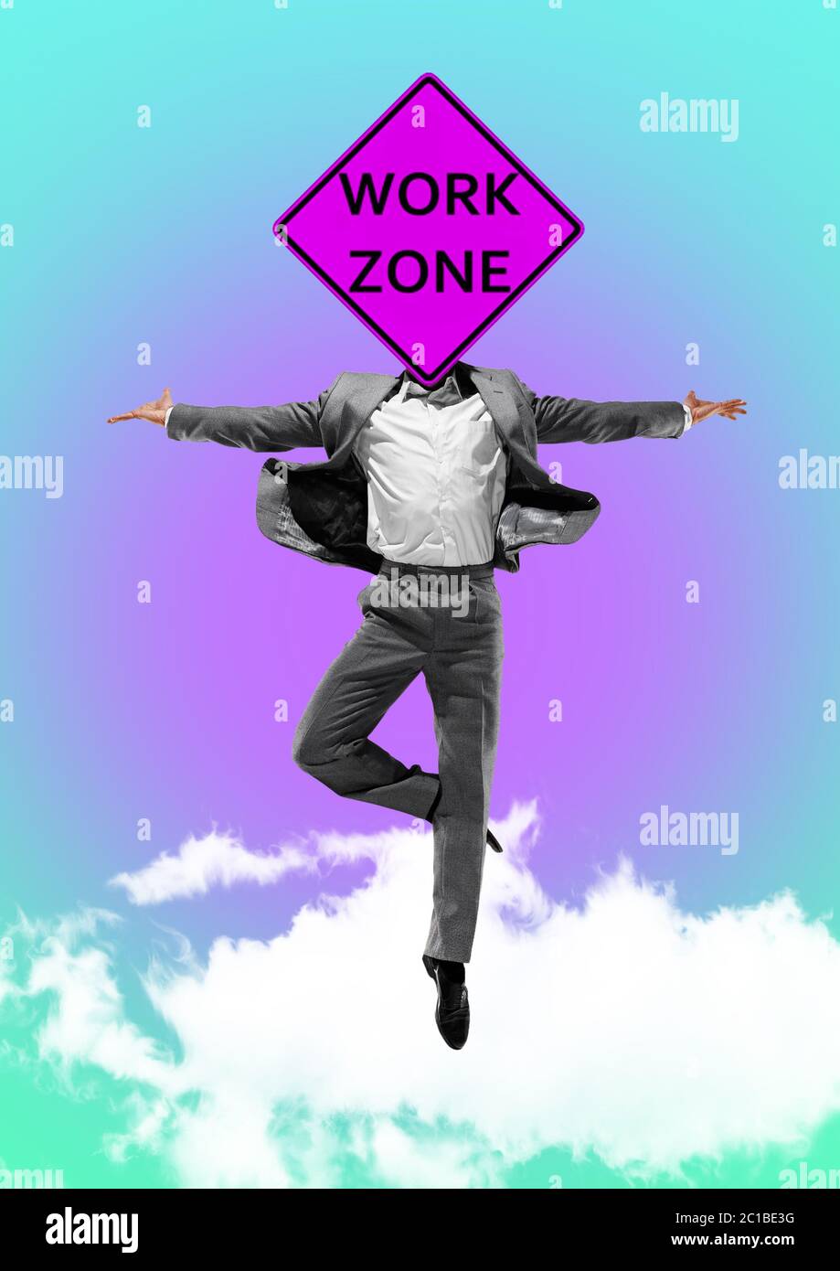 Jumping man headed by sign WORK ZONE. Inspired for productivity. Modern ...