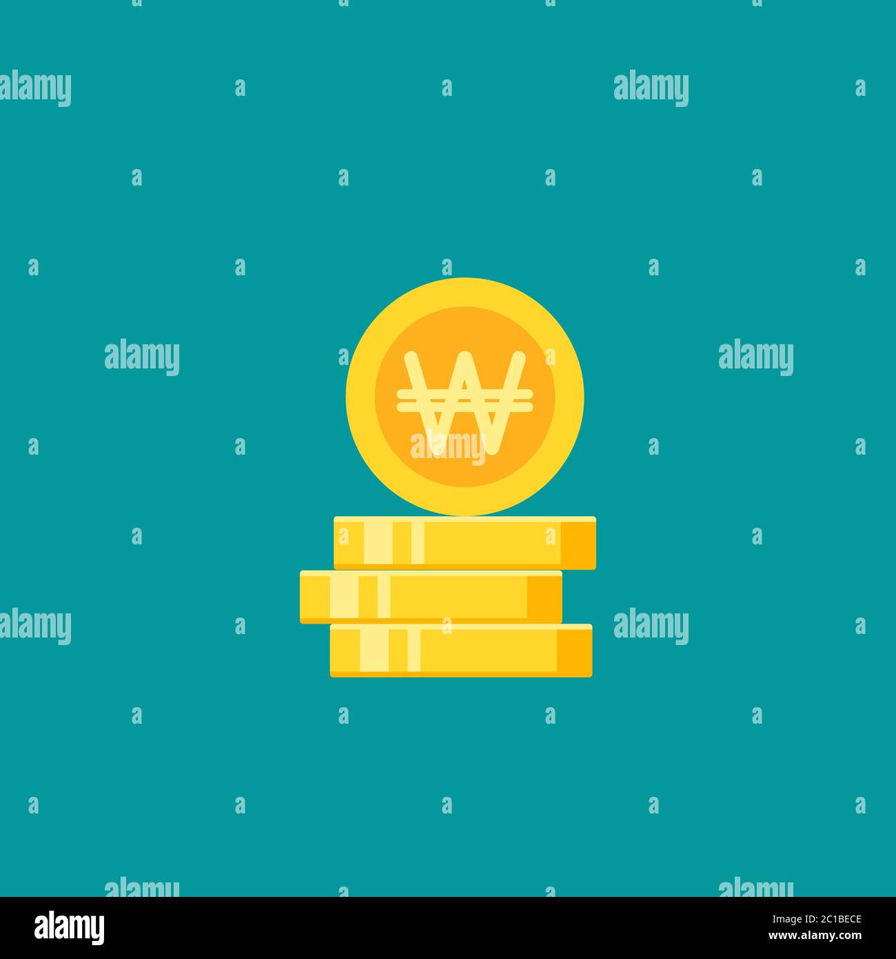 Stack of golden korean won coins. Flat gold icon. Isolated on blue ...