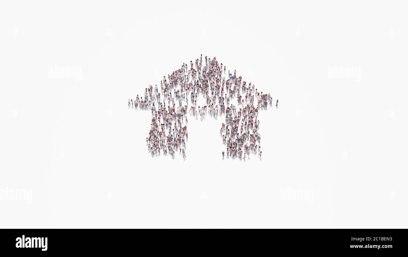 3d rendering of crowd of different people in shape of symbol of home ...
