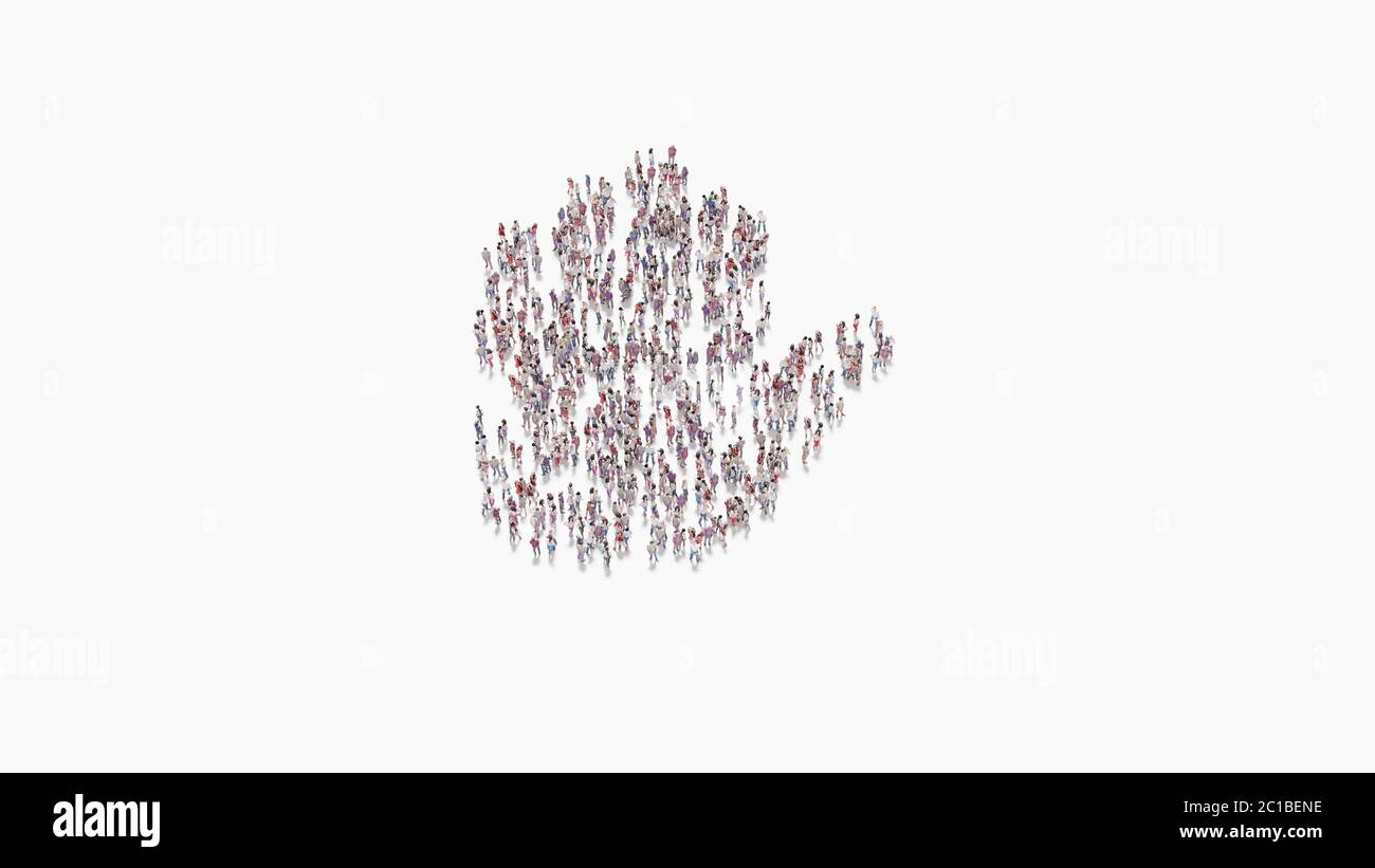 3d rendering of crowd of different people in shape of symbol of hand on ...