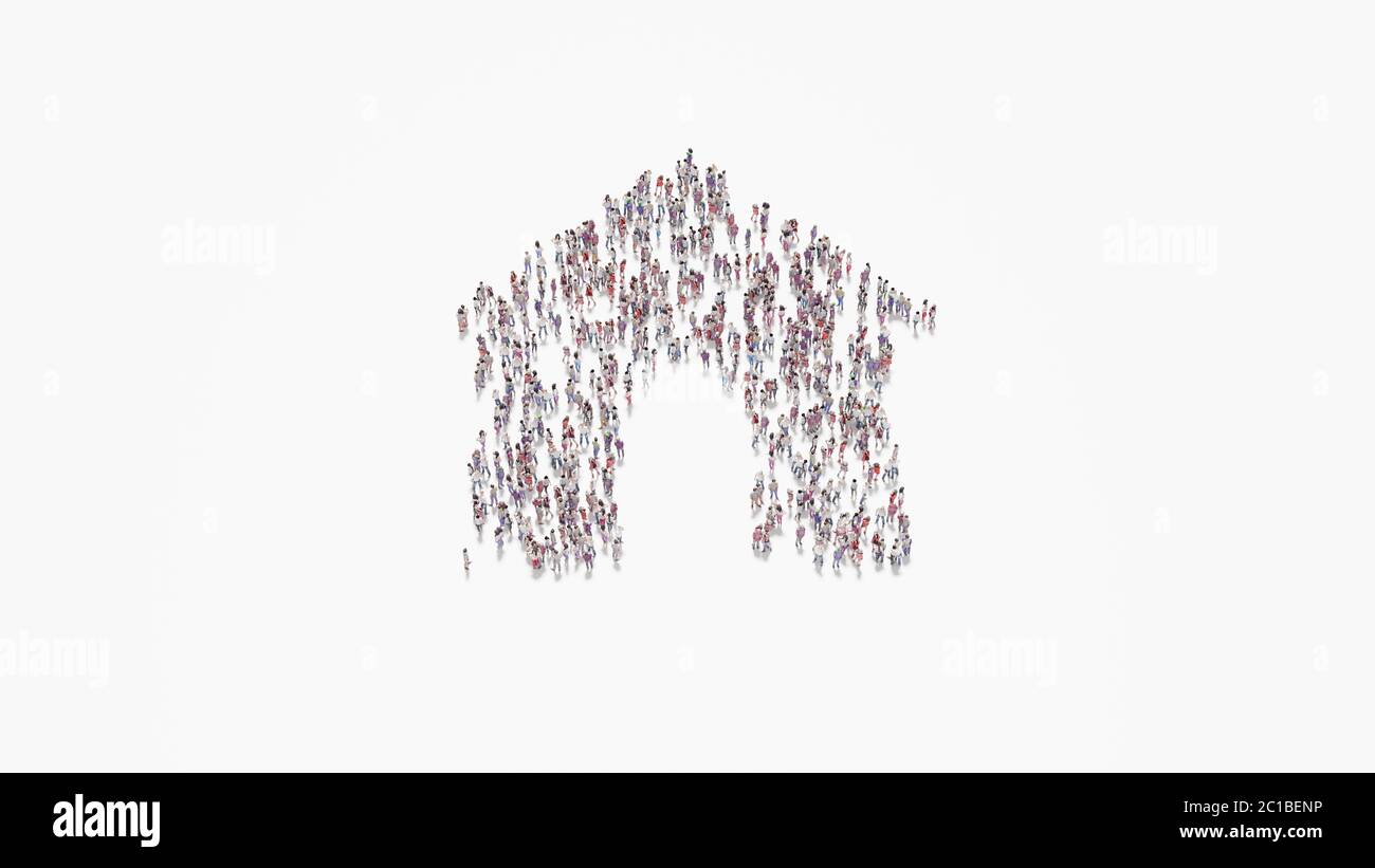 3d rendering of crowd of different people in shape of symbol of home ...