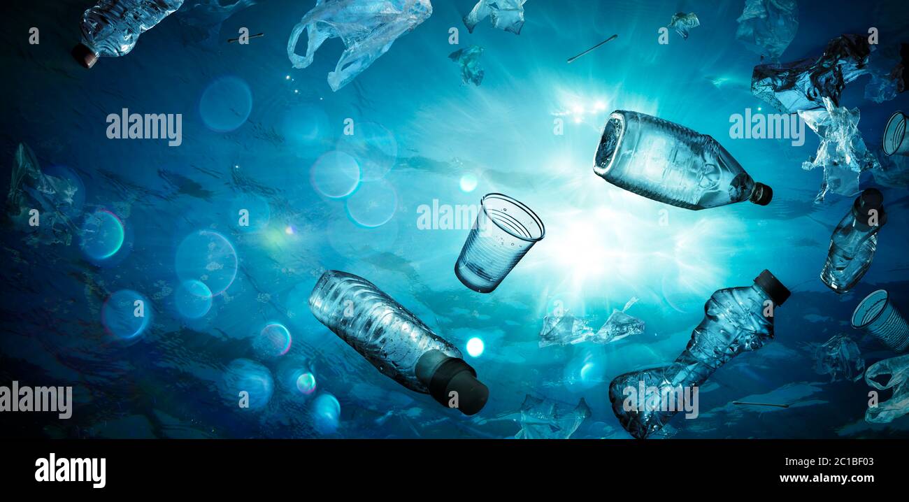 Plastic Pollution In Ocean - Underwater Shine With garbage Floating On ...