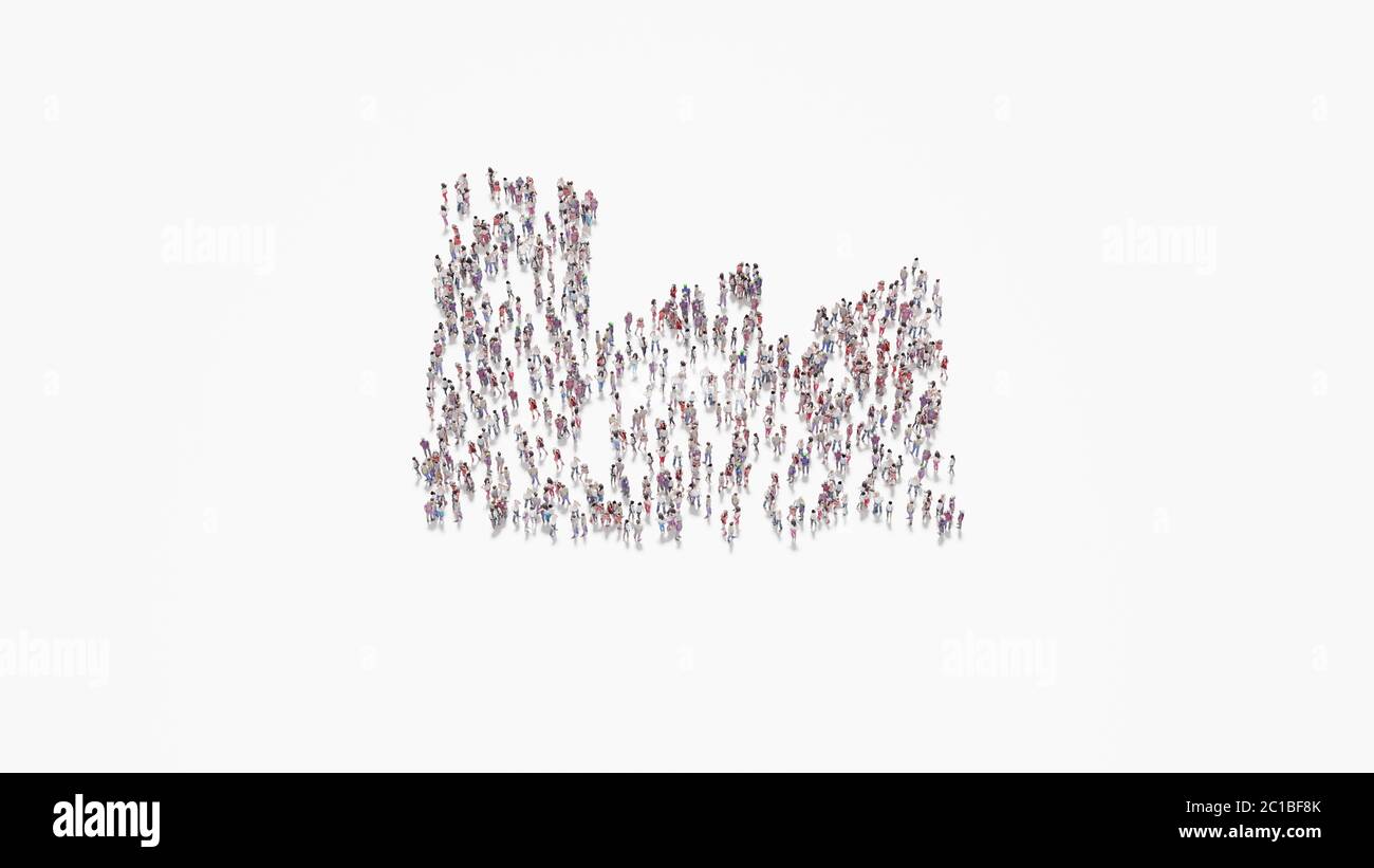 3d rendering of crowd of different people in shape of symbol of factory ...