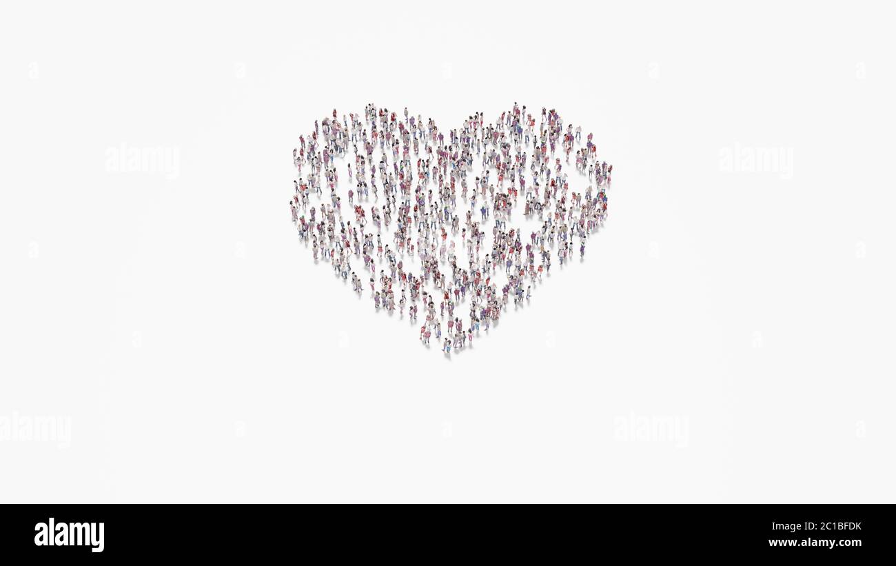 3d rendering of crowd of different people in shape of symbol of heart ...