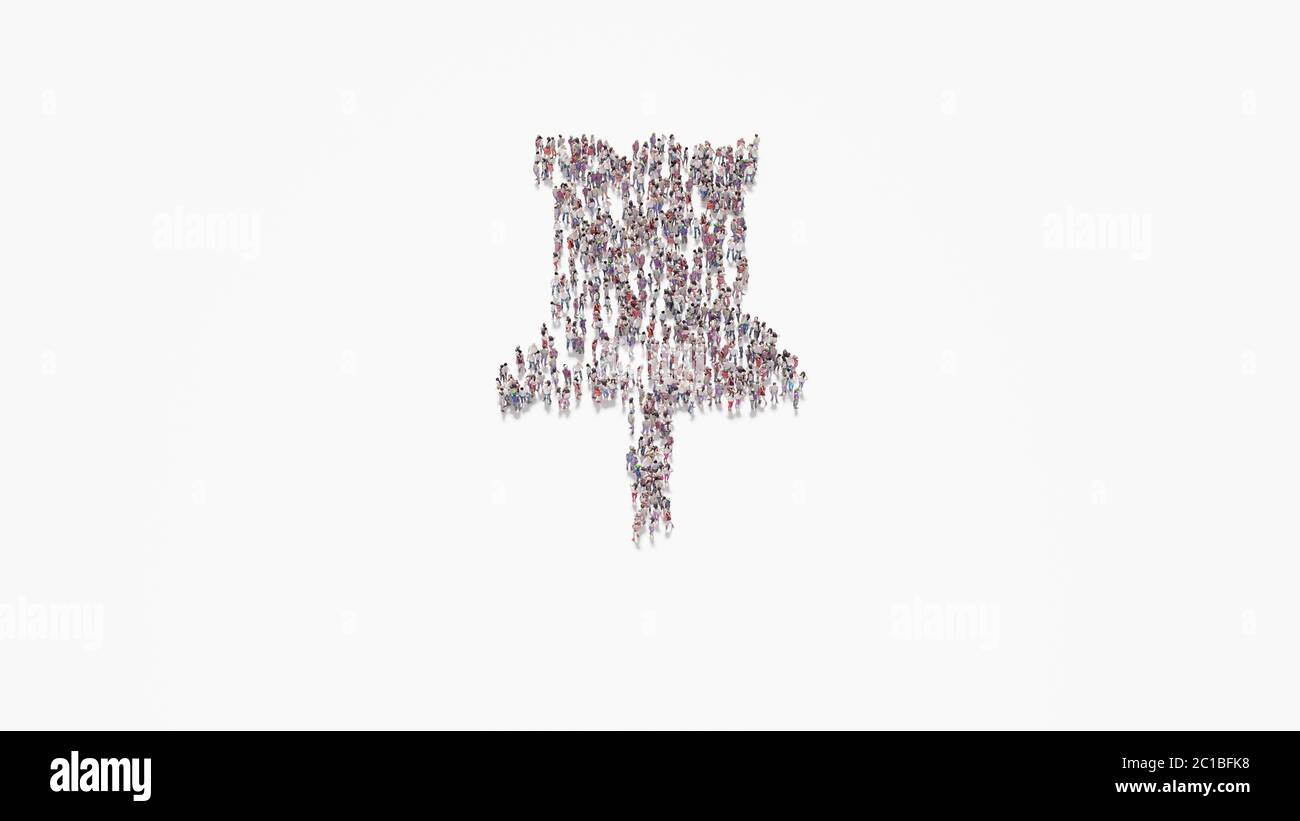 3d rendering of crowd of different people in shape of symbol of pin on ...