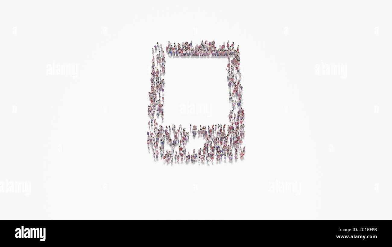 3d rendering of crowd of different people in shape of symbol of mobile ...