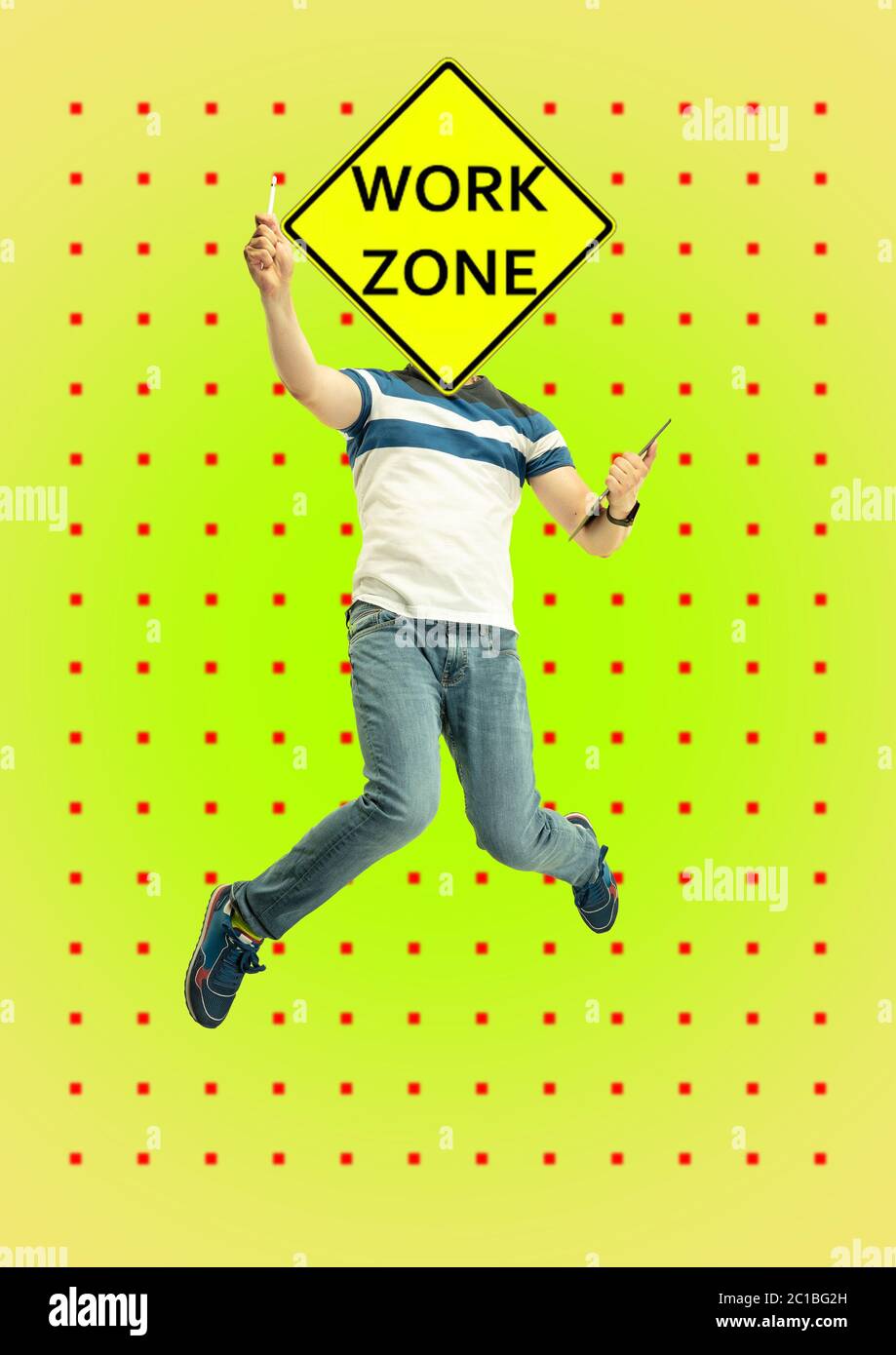 Jumping man headed by sign WORK ZONE. Inspired for productivity. Modern ...