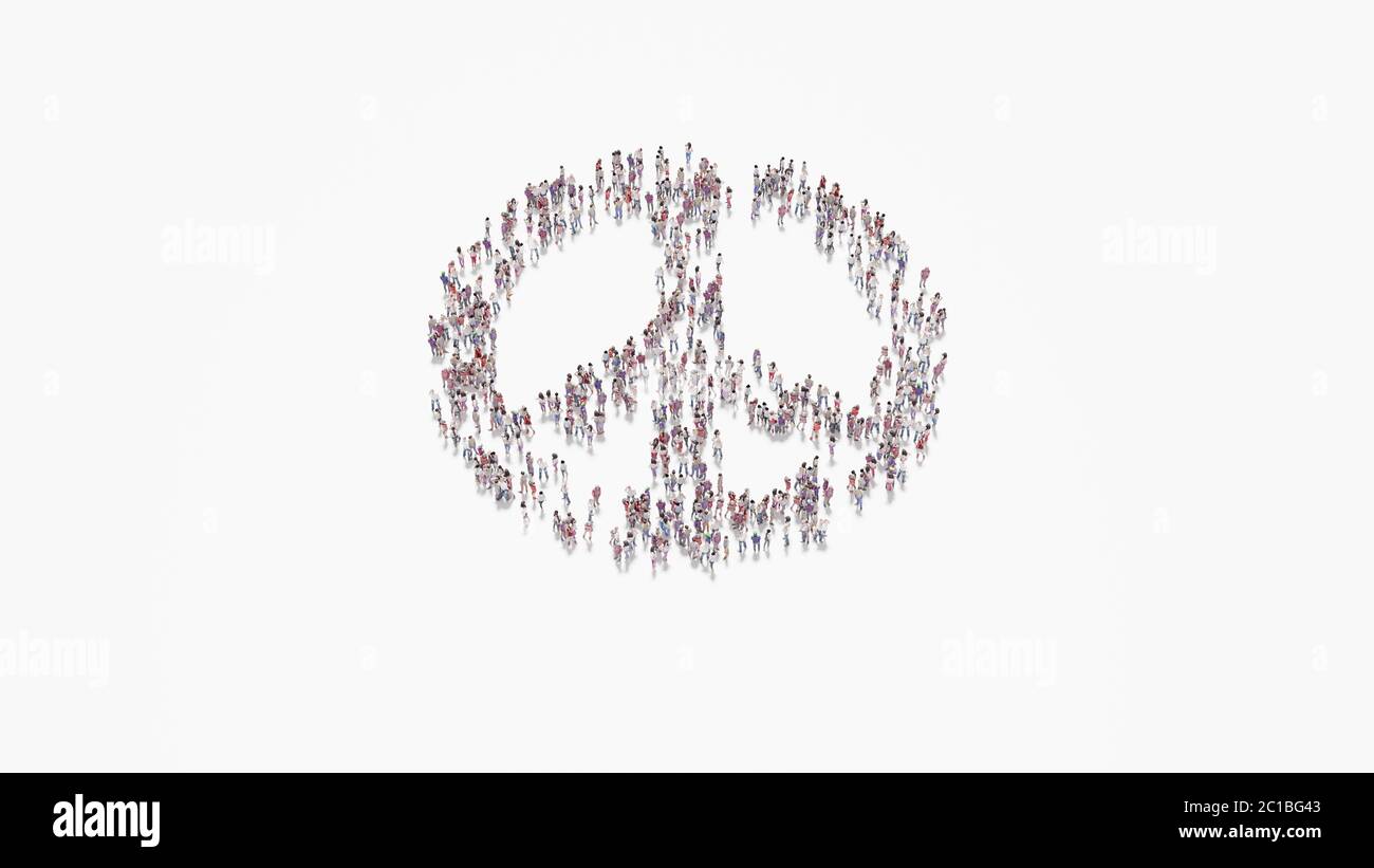 3d rendering of crowd of different people in shape of symbol of peace ...