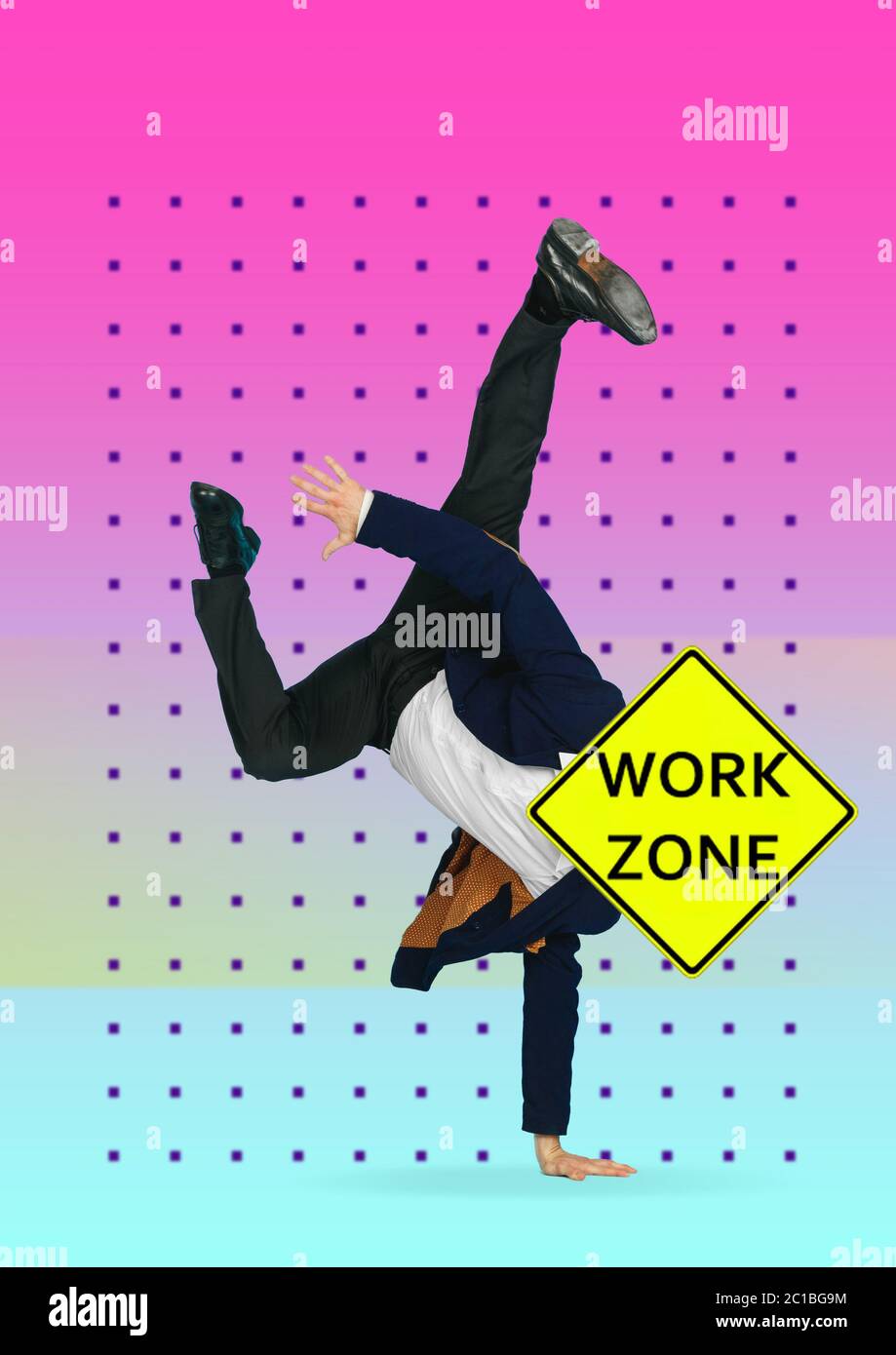 Dancing man headed by sign WORK ZONE. Inspired for productivity. Modern ...