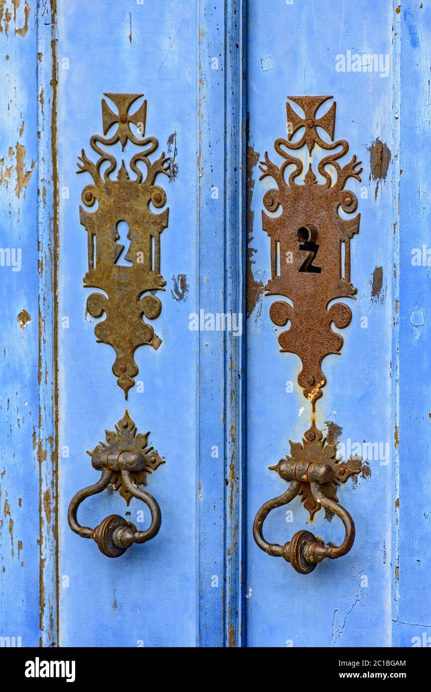 Old blue wooden church door Stock Photo - Alamy