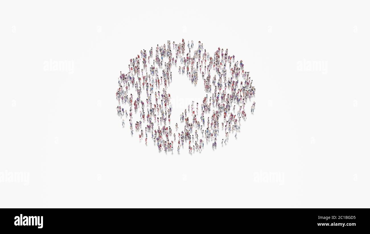 3d rendering of crowd of different people in shape of symbol of play in ...