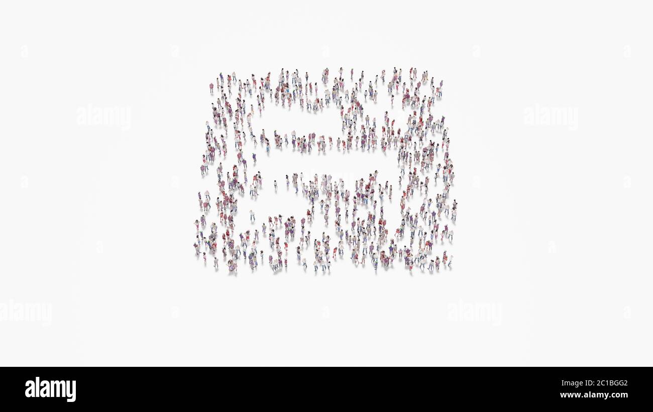 3d rendering of crowd of different people in shape of symbol of three ...