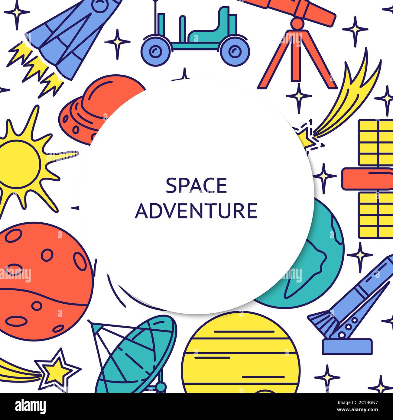 Space elements concept colorful background in line style with place for ...