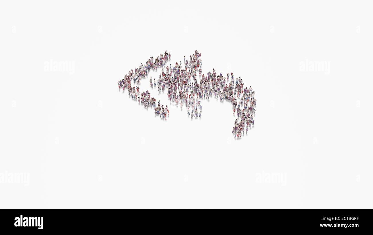 3d rendering of crowd of different people in shape of symbol of reply ...