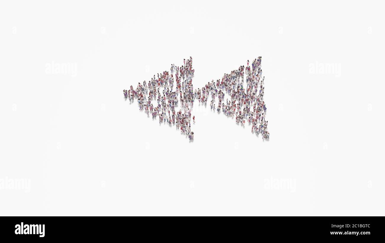3d rendering of crowd of different people in shape of symbol of rewind ...