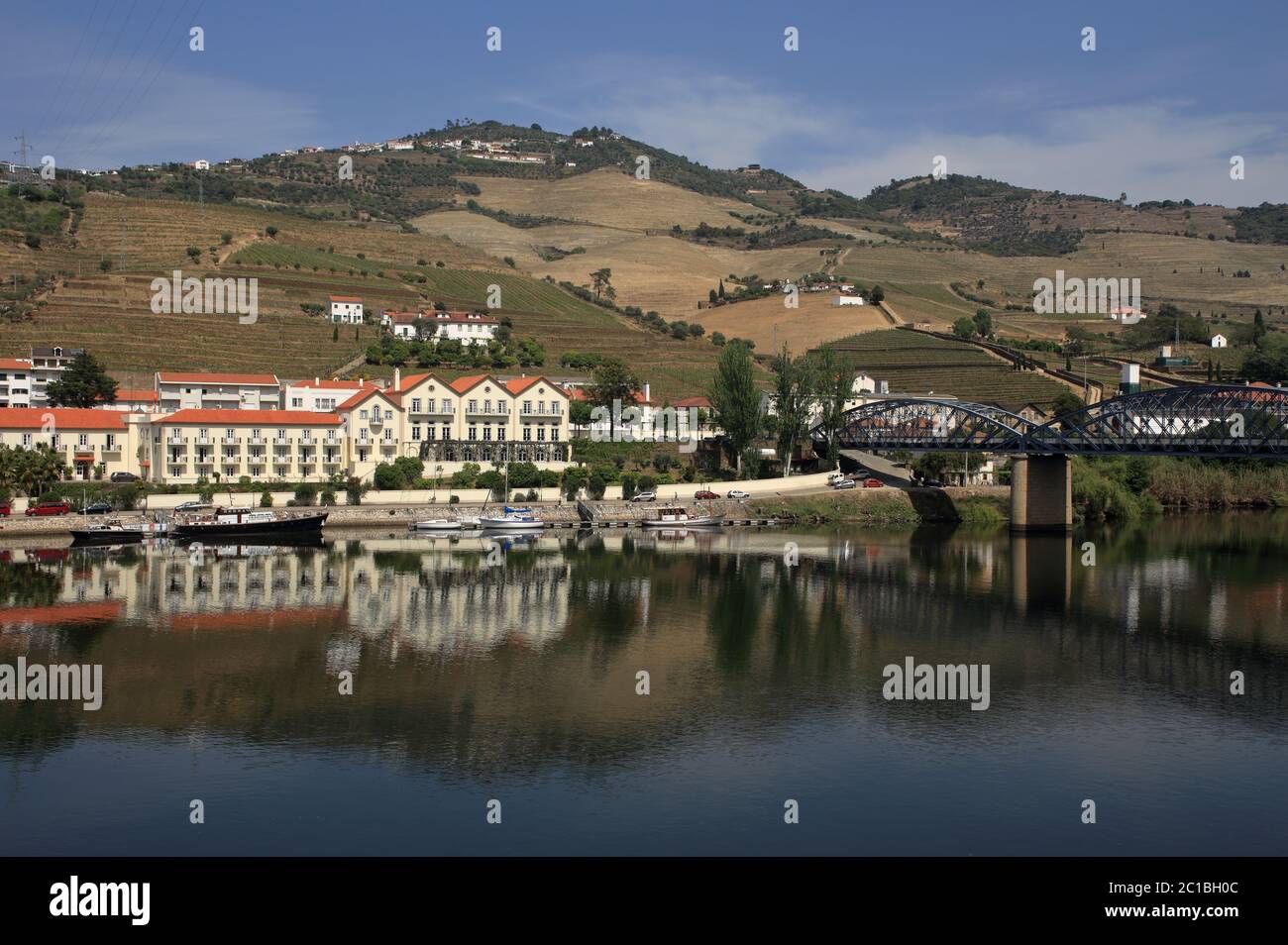 Portugal, Douro Region, Pinhao. Panoramic view of Pinhao and its steel ...