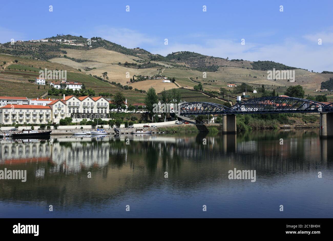 Portugal, Douro Region, Pinhao. Panoramic view of Pinhao and its steel ...