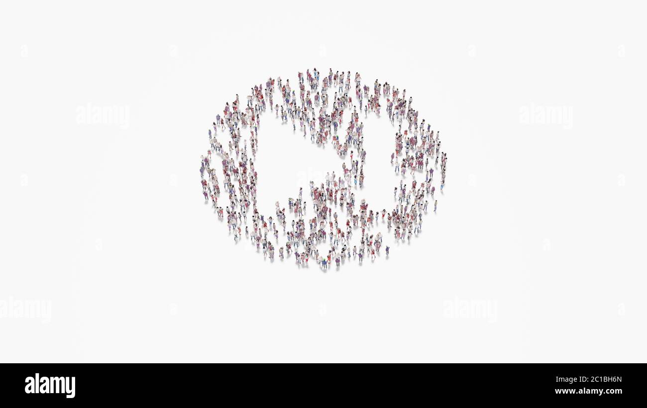 3d rendering of crowd of different people in shape of symbol of skip ...
