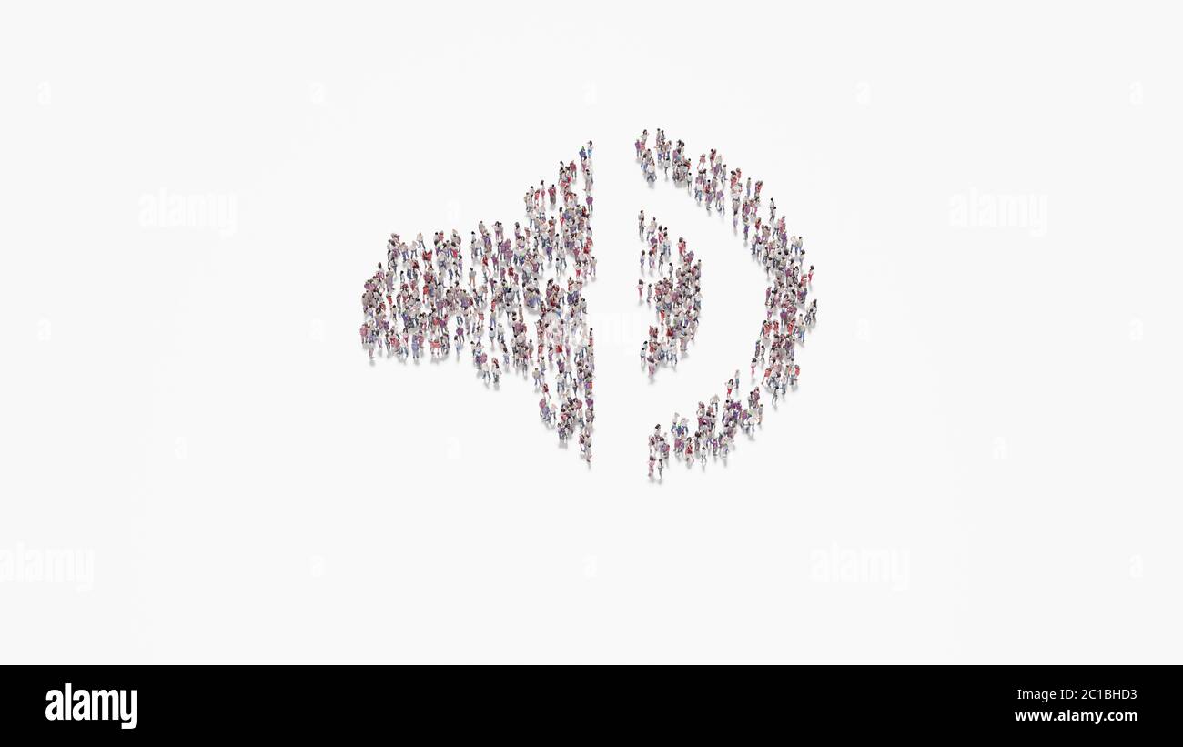 3d rendering of crowd of different people in shape of symbol of speaker ...