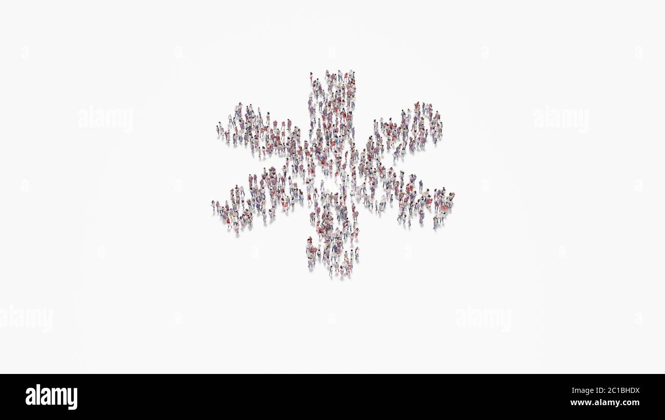 3d rendering of crowd of different people in shape of symbol of six ...