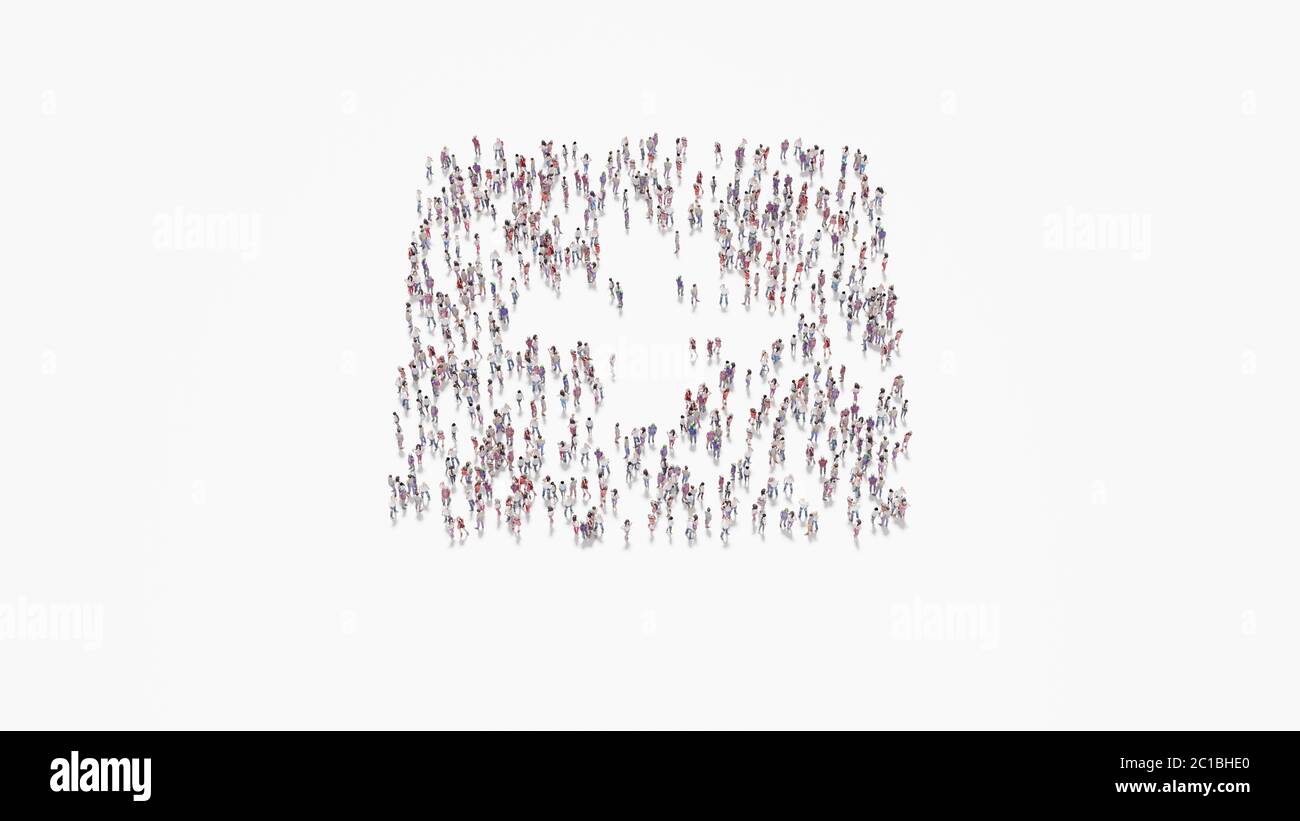 3d rendering of crowd of different people in shape of symbol of rounded ...