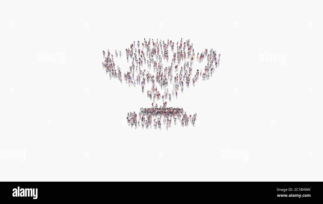 3d rendering of crowd of different people in shape of symbol of winner ...