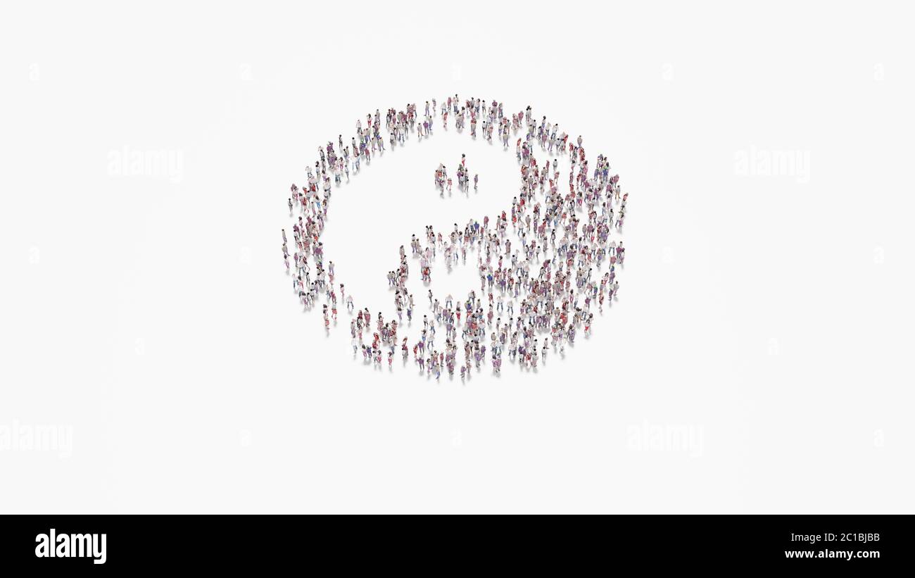 3d rendering of crowd of different people in shape of symbol of yin ...