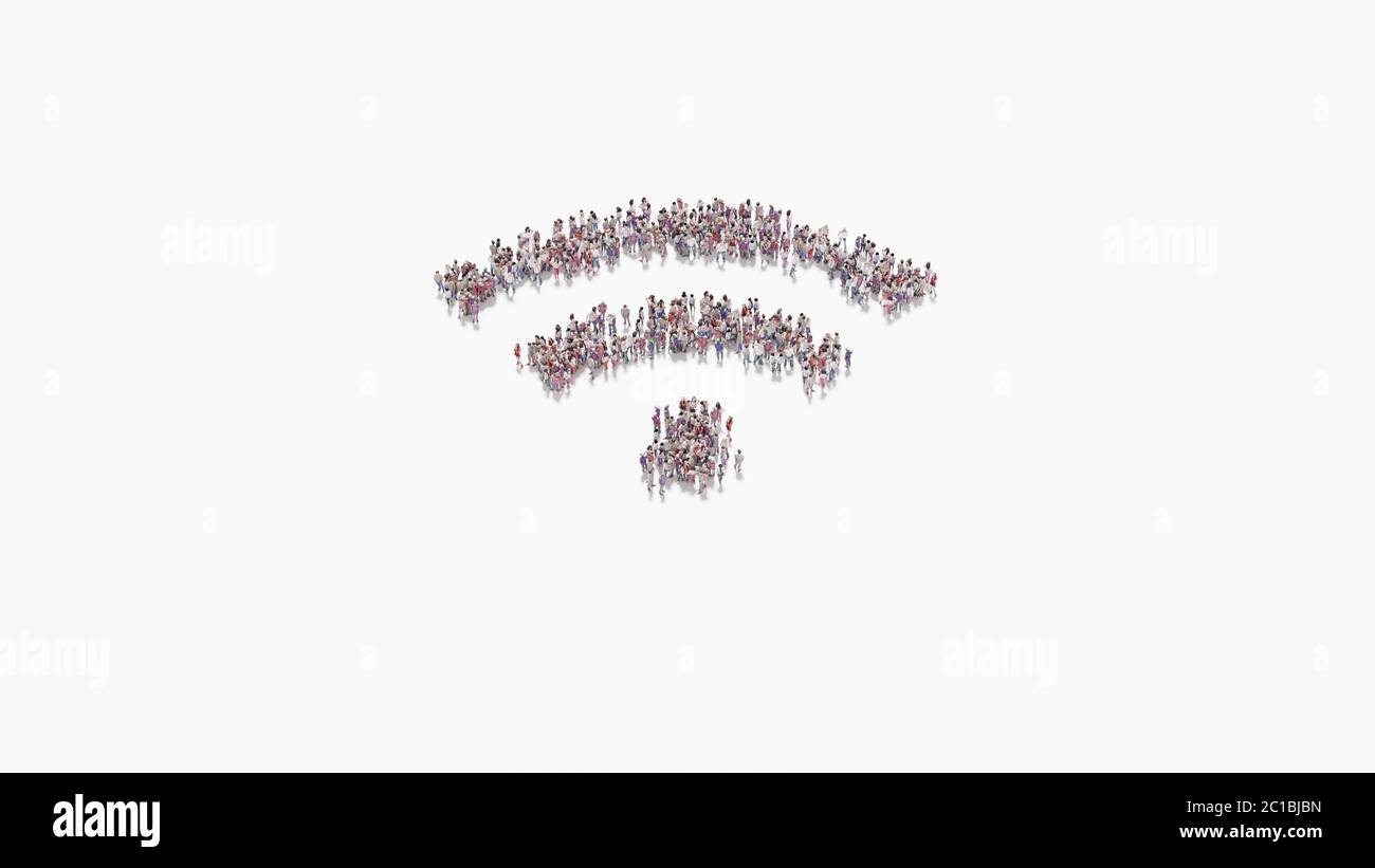 3d rendering of crowd of different people in shape of symbol of Wi-Fi ...