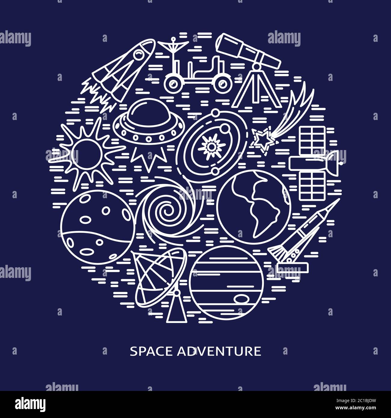 Space elements round concept banner with place for text. Spaceship ...