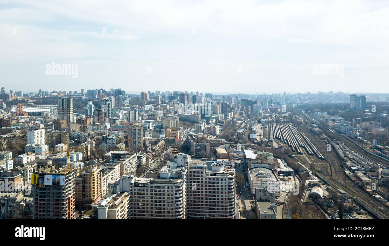 Aerial view of Kiev city center, railway tracks and construction of ...