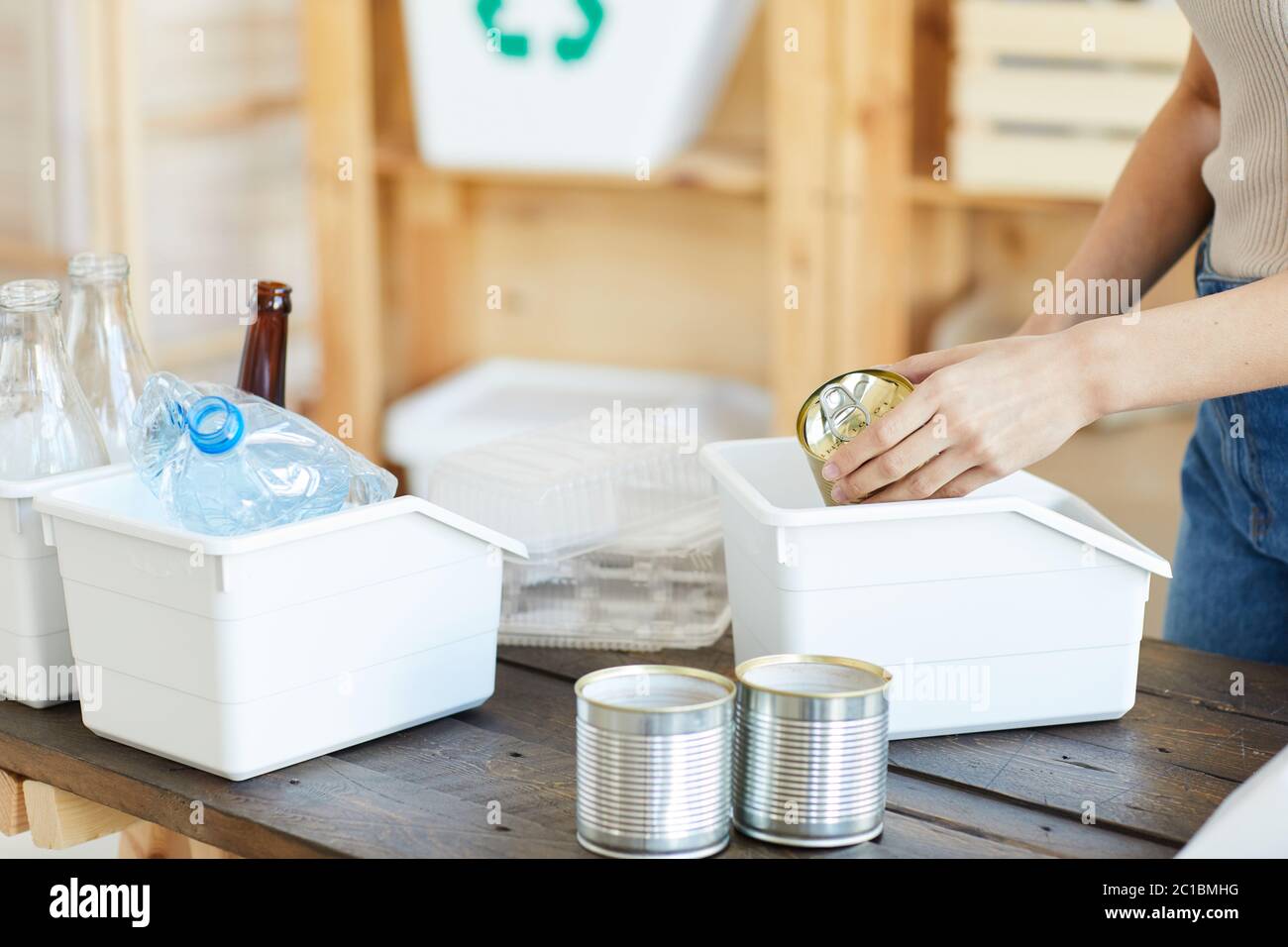 Close-up of woman sorting the cans into the small boxes she recycling ...