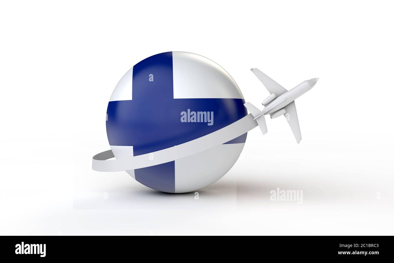 Travel to Finland concept. Airplane flying around flag. 3D Rendering ...
