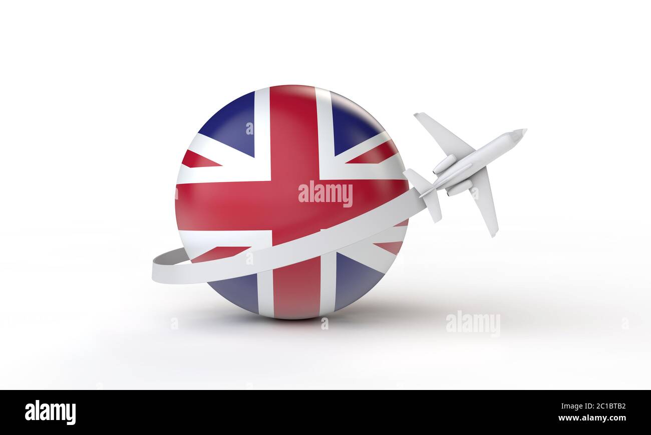 Travel to United Kingdom concept. Airplane flying around flag. 3D ...