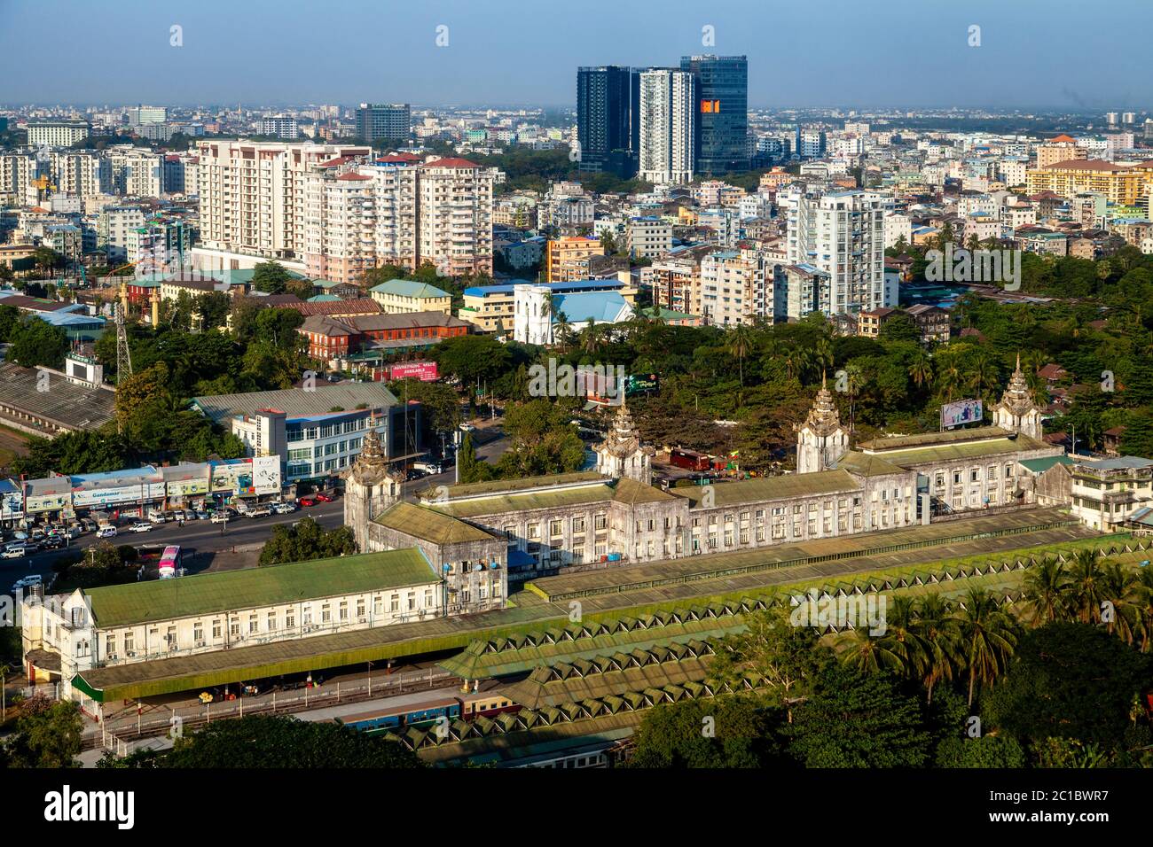 Yangon Central Railway Station and The Yangon Skyline, Yangon, Myanmar ...