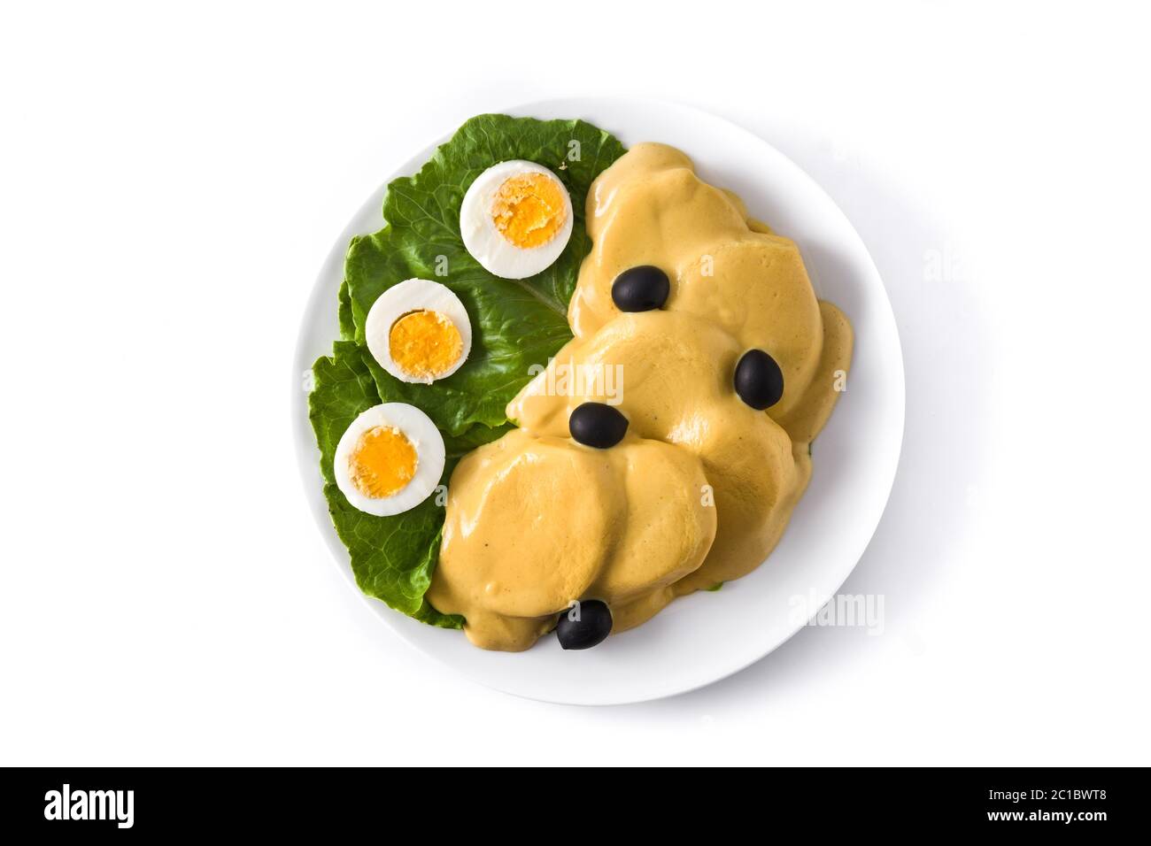 Traditional Peruvian papa a la huancaina isolated on white background ...