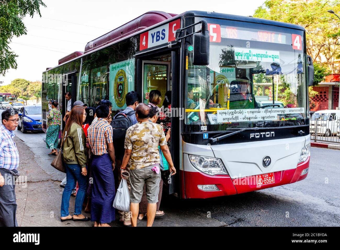 Local People Getting On A Bus, Yangon, Myanmar Stock Photo - Alamy