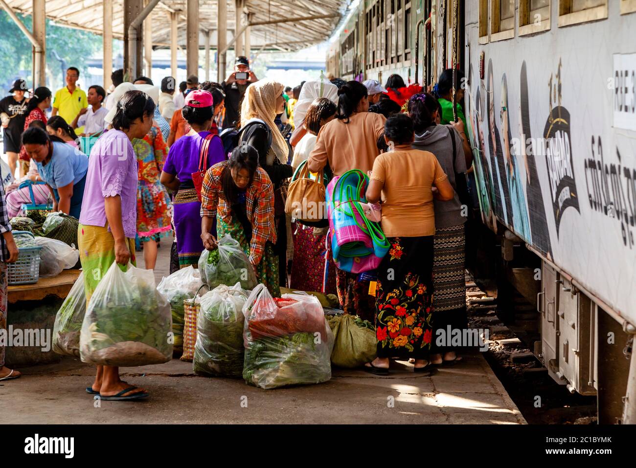 Local People Boarding A Circle Line Train At Yangon Central Railway ...