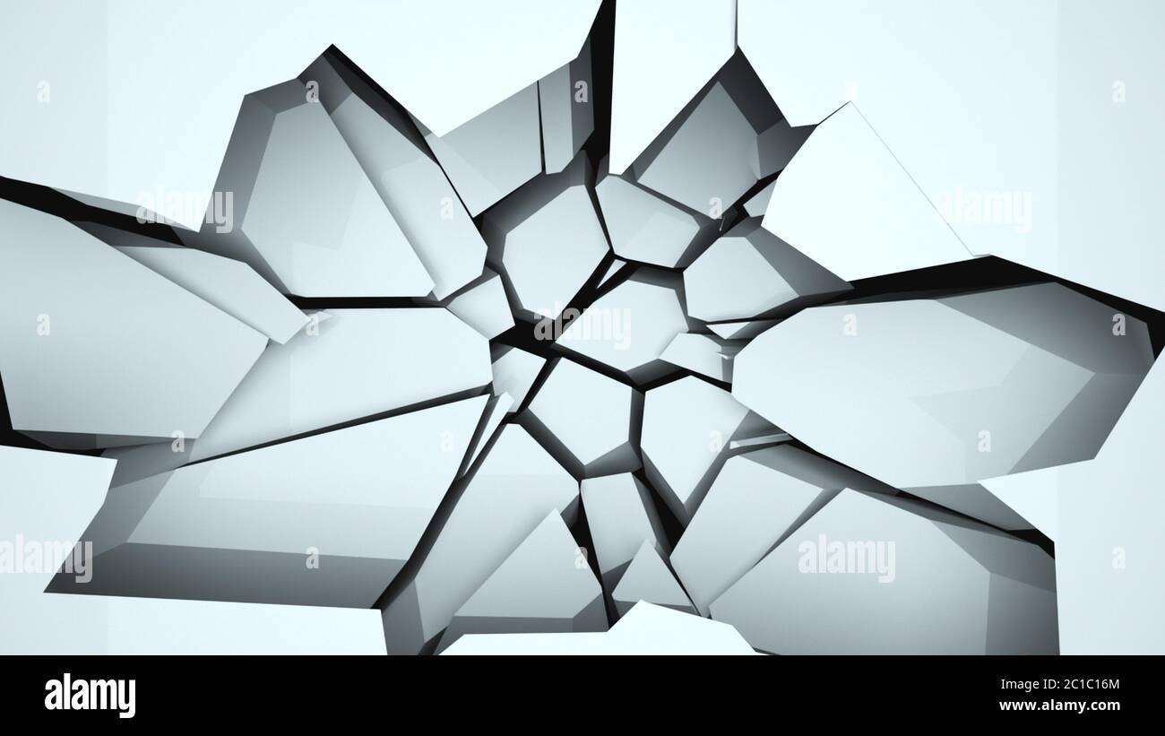 Computer generated destructed wall and falling down fragments. Abstract ...