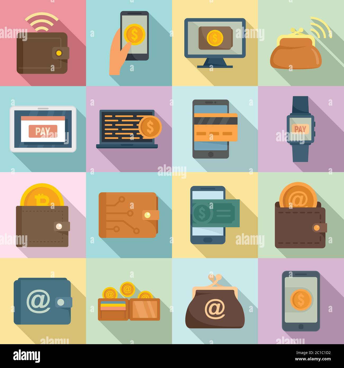 Digital wallet icons set. Flat set of digital wallet vector icons for ...