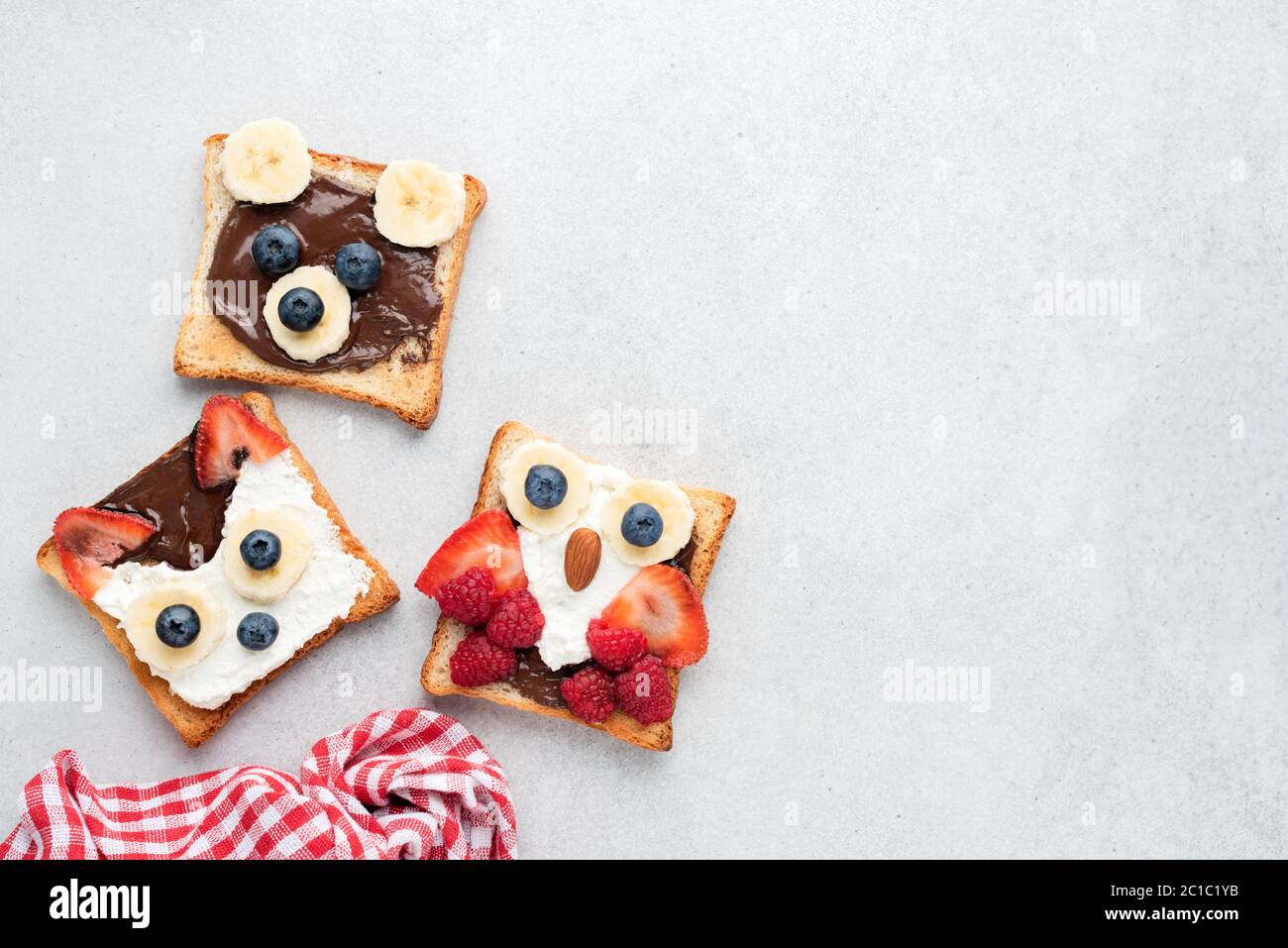 Funny Healthy Breakfast Toasts For Kids Shaped As Cute Animals On Grey ...