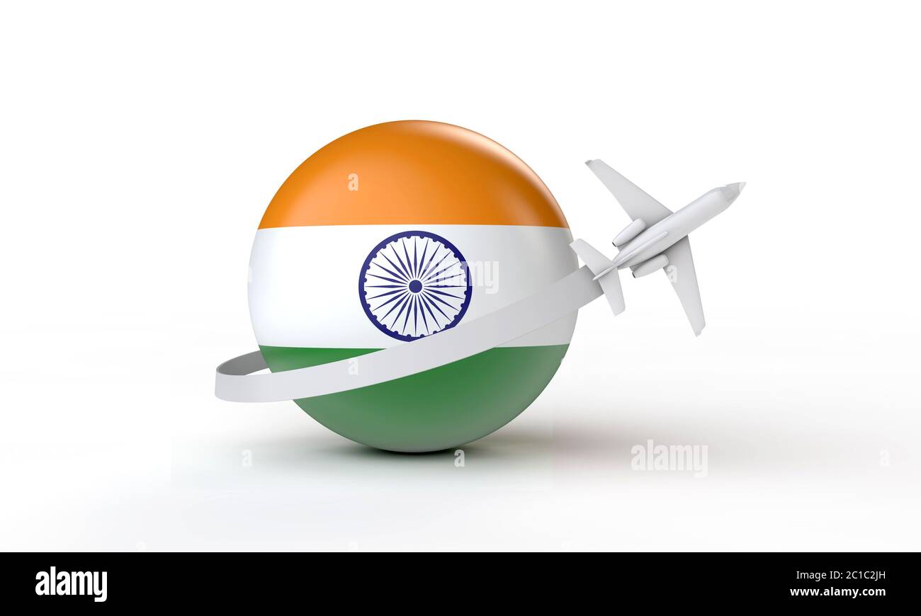 Travel to India concept. Airplane flying around flag. 3D Rendering ...