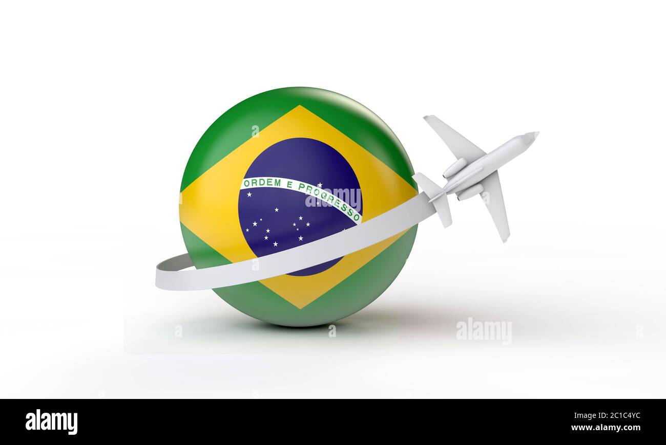 Travel to Brazil concept. Airplane flying around flag. 3D Rendering ...